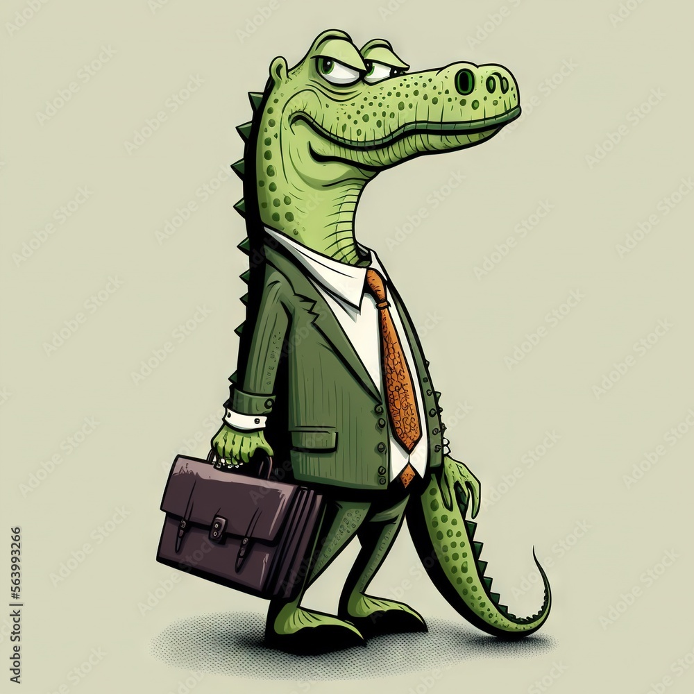 a cartoon alligator in a suit and tie carrying a briefcase and a ...