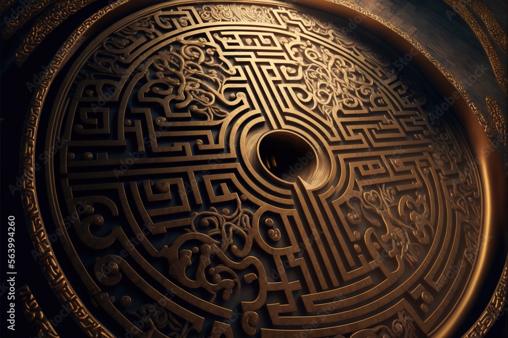 a decorative metal plate with a circular design on it's surface, with a ...