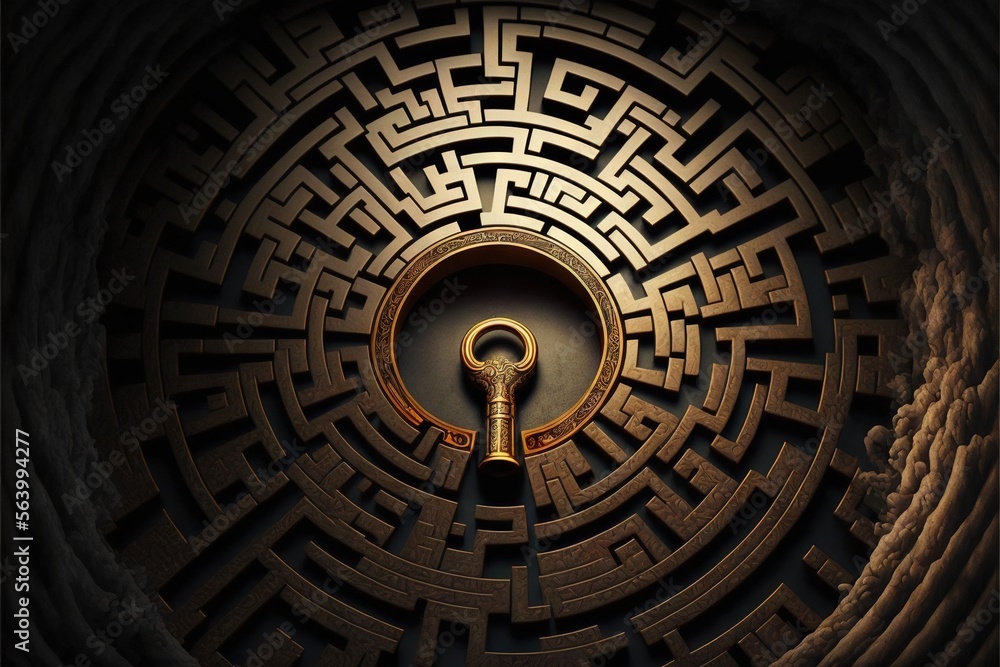 a key is in a maze in a room with a light on it and a keyhole in the ...