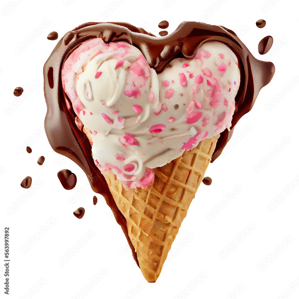 Heart shaped ice cream in a waffle cone with chocolate topping isolated ...
