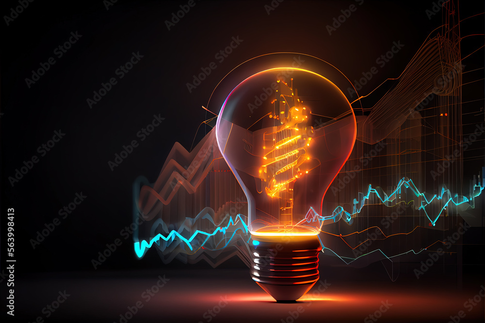 abstraction a lit light bulb and a graph of stock indices. symbol of ...