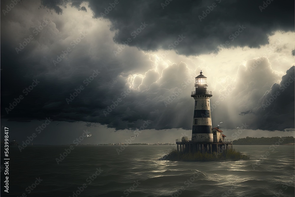 a lighthouse in the middle of a body of water under a cloudy sky with a ...
