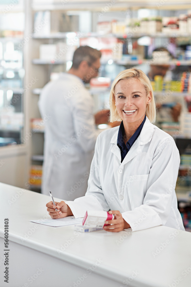 Foto de Portrait of pharmacist woman writing medicine notes, product or ...