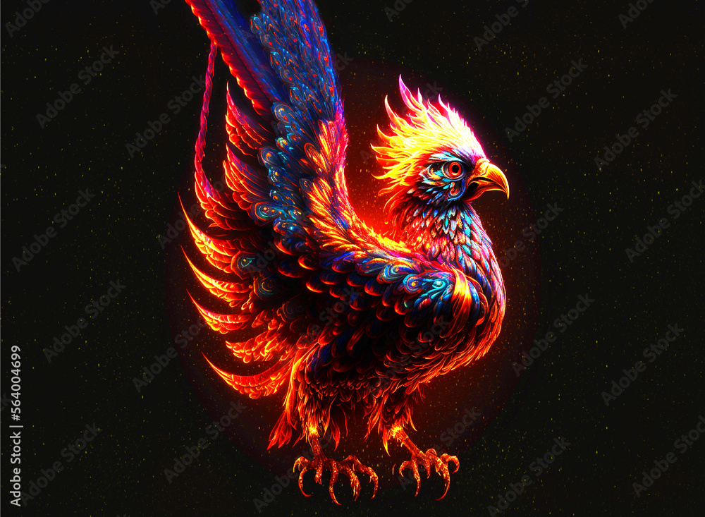 luxury elegant A flaming red-eyed phoenix with a flaming body, wings ...