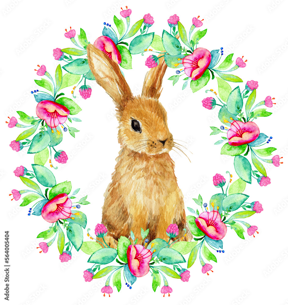 Easter bunny with flowers watercolor illustration, 300 dpi PNG with ...