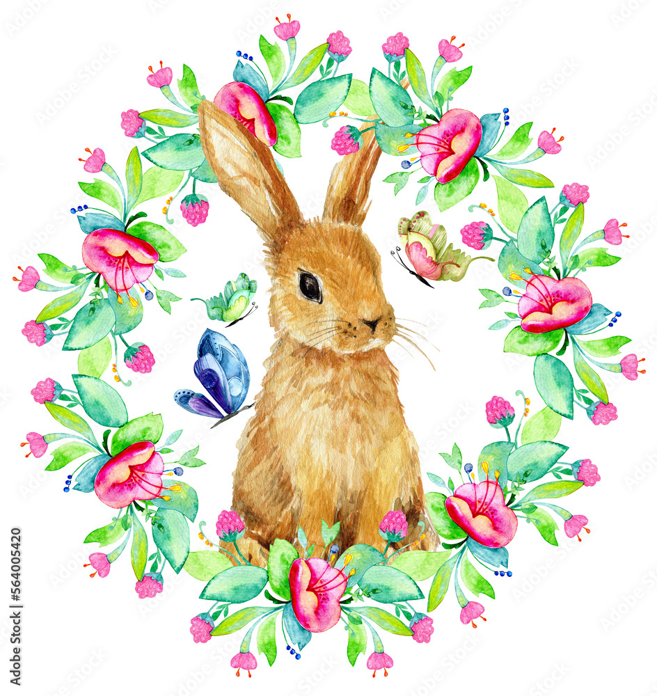 Easter bunny with flowers watercolor illustration, 300 dpi PNG with ...