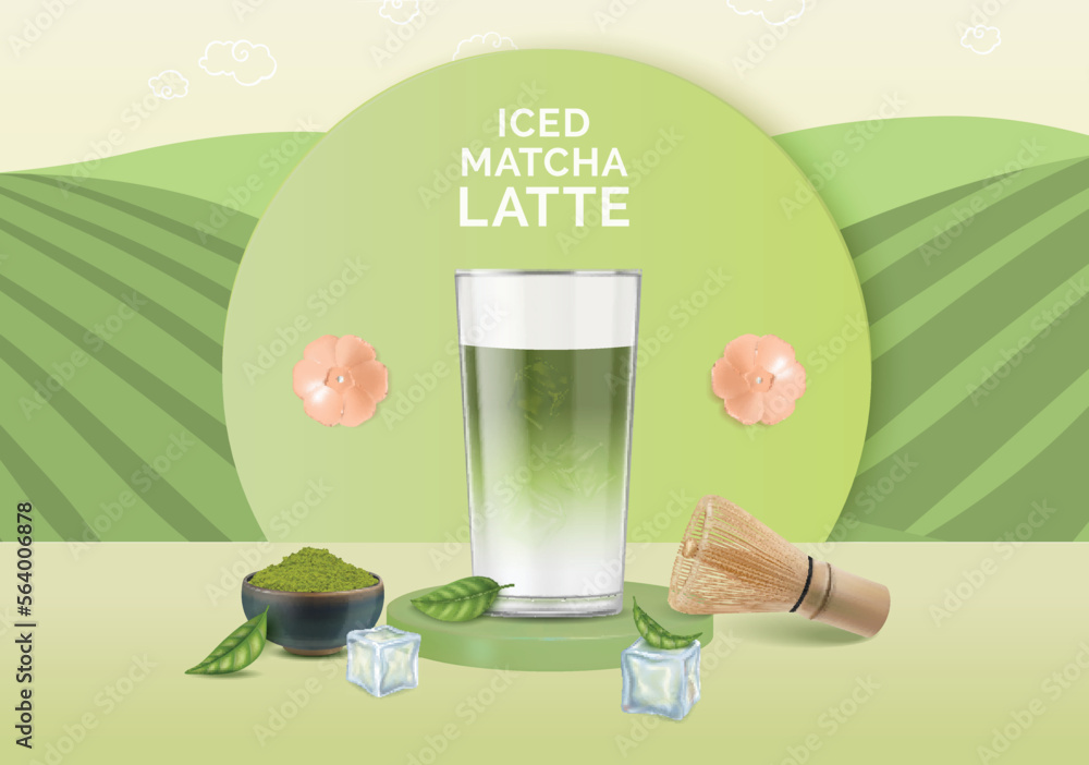 Realistic Detailed 3d Iced Matcha Latte Ads Banner Concept Poster Card