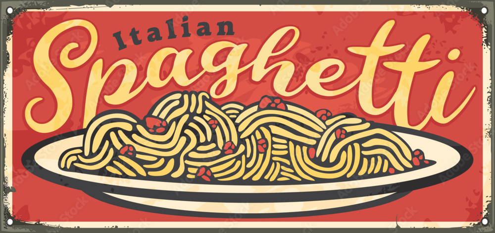 Spaghetti retro promotional sign for Italian restaurant. Pasta menu ...