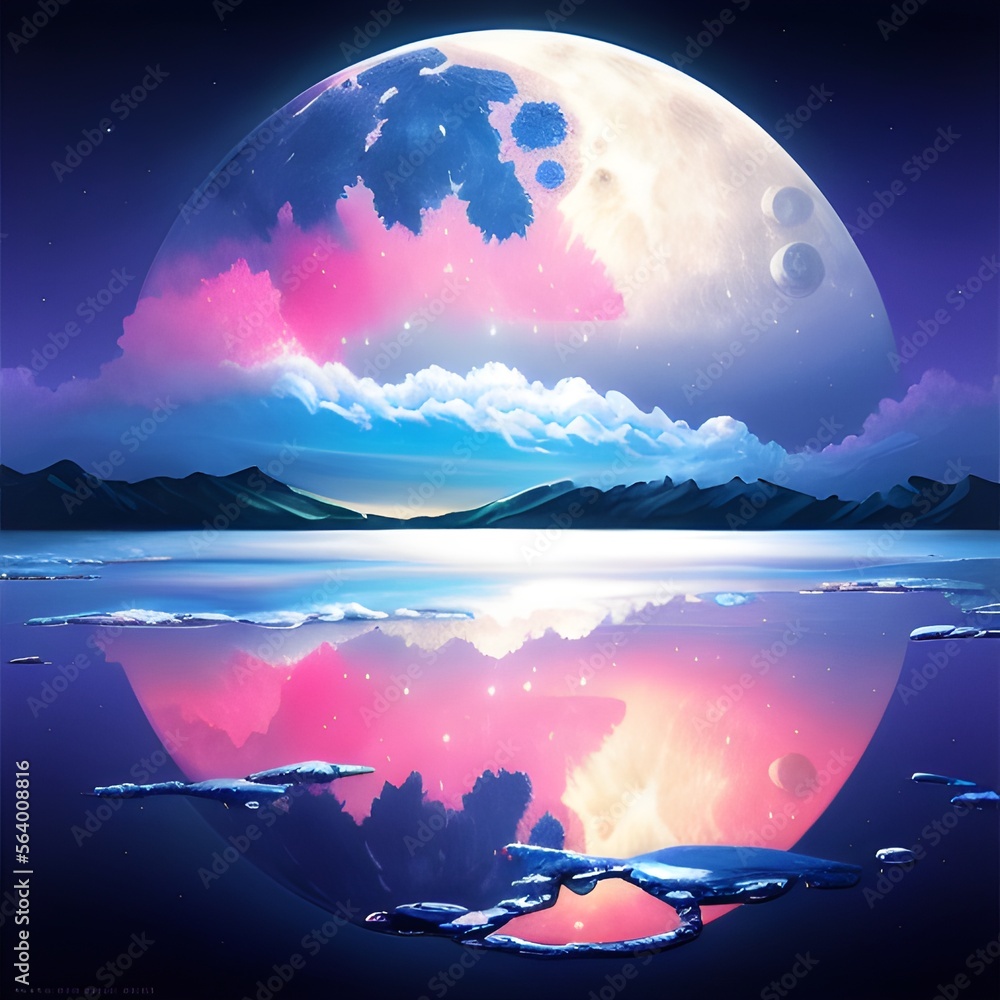 Beautiful moon with colours and drawings between clouds at night time ...