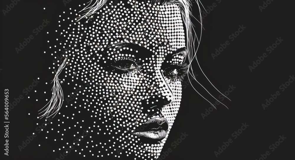 Abstract black and white dot art in the shape of a woman's face ...