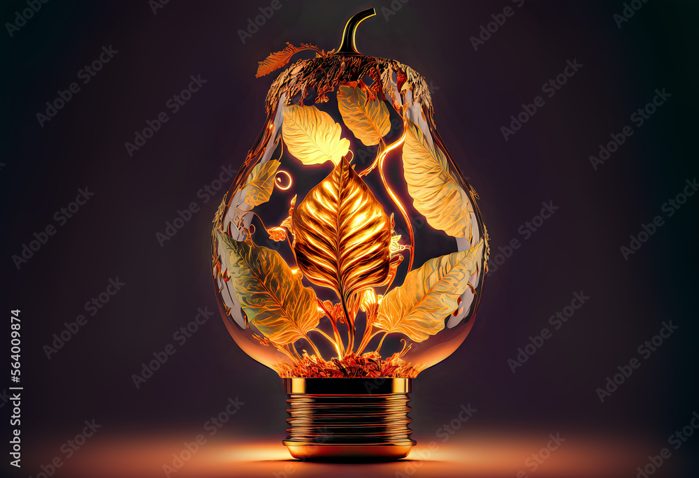 Lamp decorated with golden leaves in the shape of an incandescent light ...