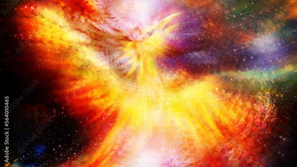 Flying phoenix bird as symbol of rebirth and new beginning in cosmic ...
