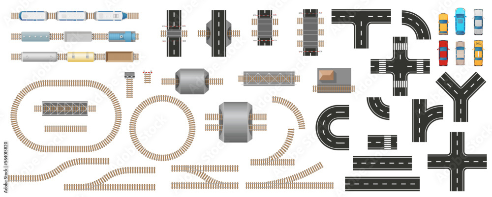 Set of railway and road elements, trains and cars for city map top view ...