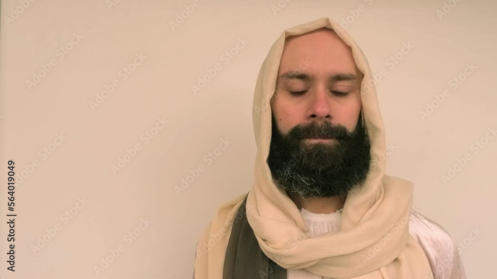 biblical scene, close-up of face Jesus Christ, man in image of Savior ...