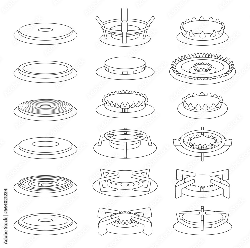 Gas burner vector outline icon set . Collection vector illustration ...