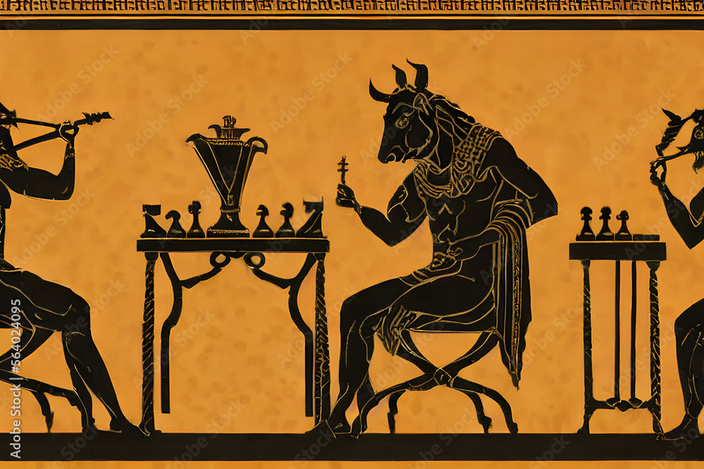 greek mythology character silhouettes of minotaur playing chess on ...