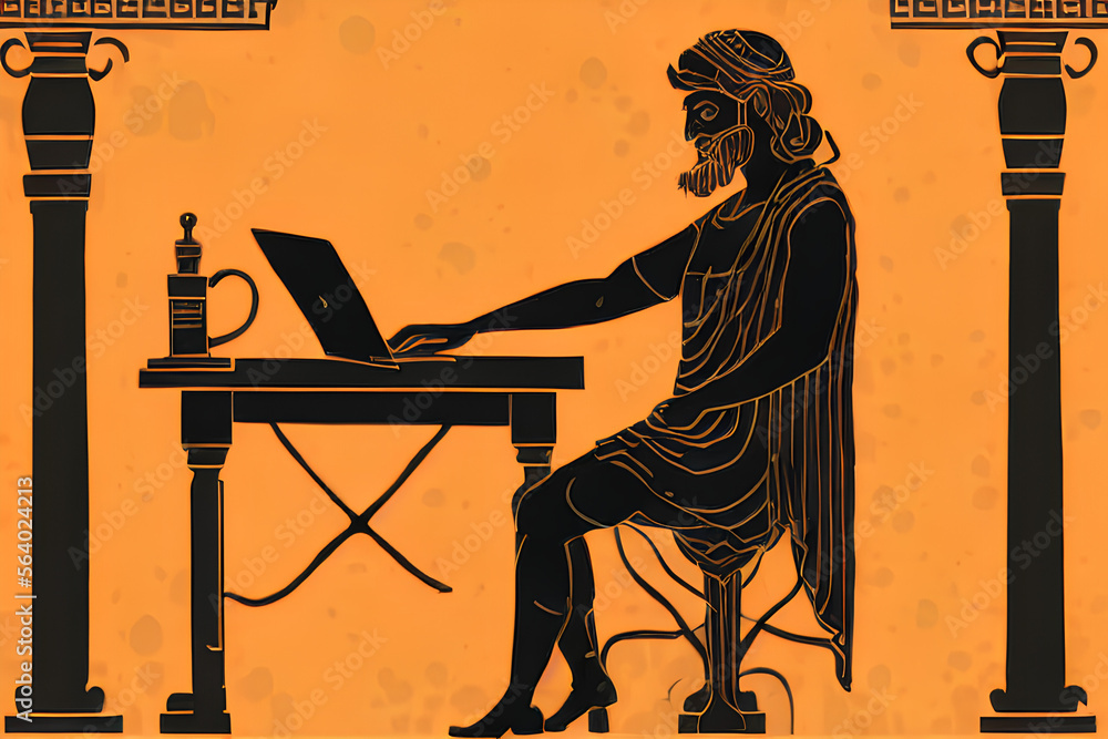 greek mythology character silhouettes of zeus using a modern laptop ...
