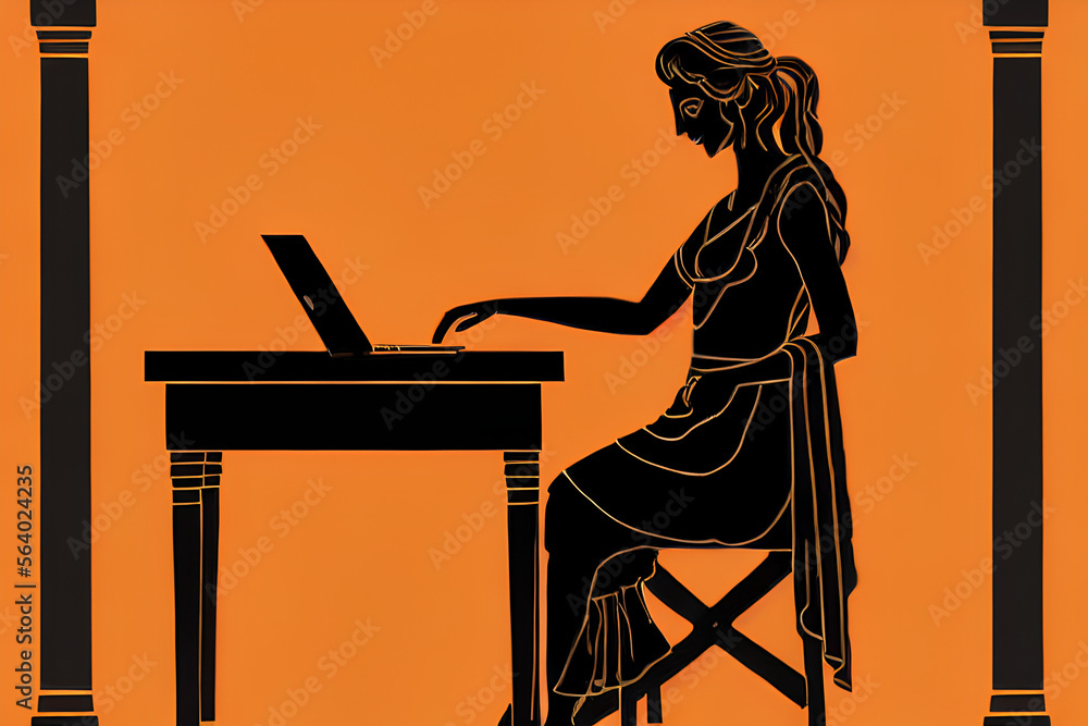greek mythology character silhouettes of woman using a modern laptop ...