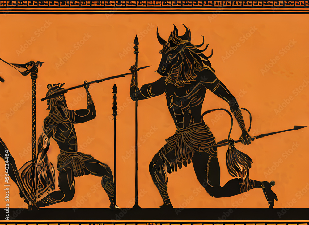 greek mythology character silhouettes of warrior fighting minotaur on ...