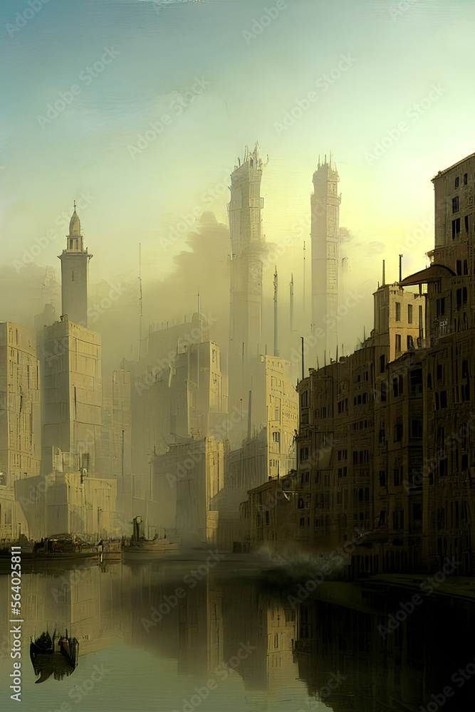 dystopian concept art of a futuristic city landscape in a in baroque ...