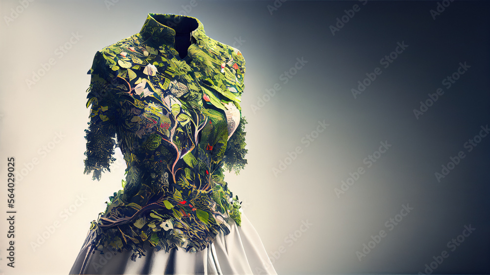 Dress made of fresh green leafs and plants, sustainable fashion concept ...