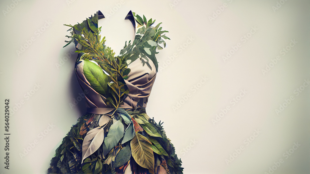 Dress made of fresh green leafs and plants, sustainable fashion concept ...