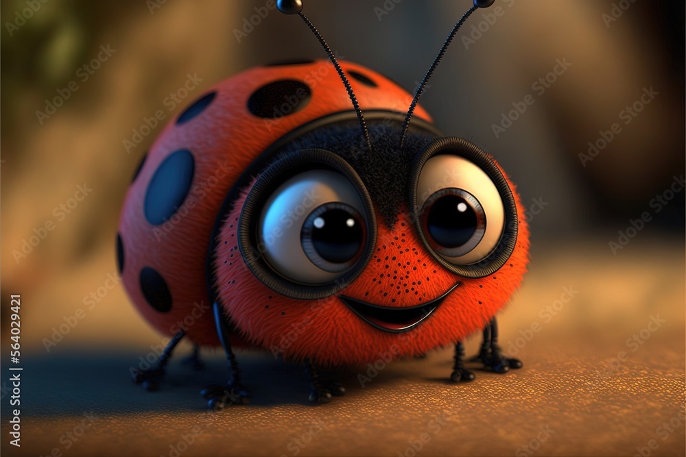 a close up of a lady bug with big eyes and a smile on its face, with a ...