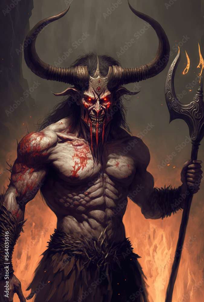 Hell Demon with horns and axe, concept art illustration Stock ...