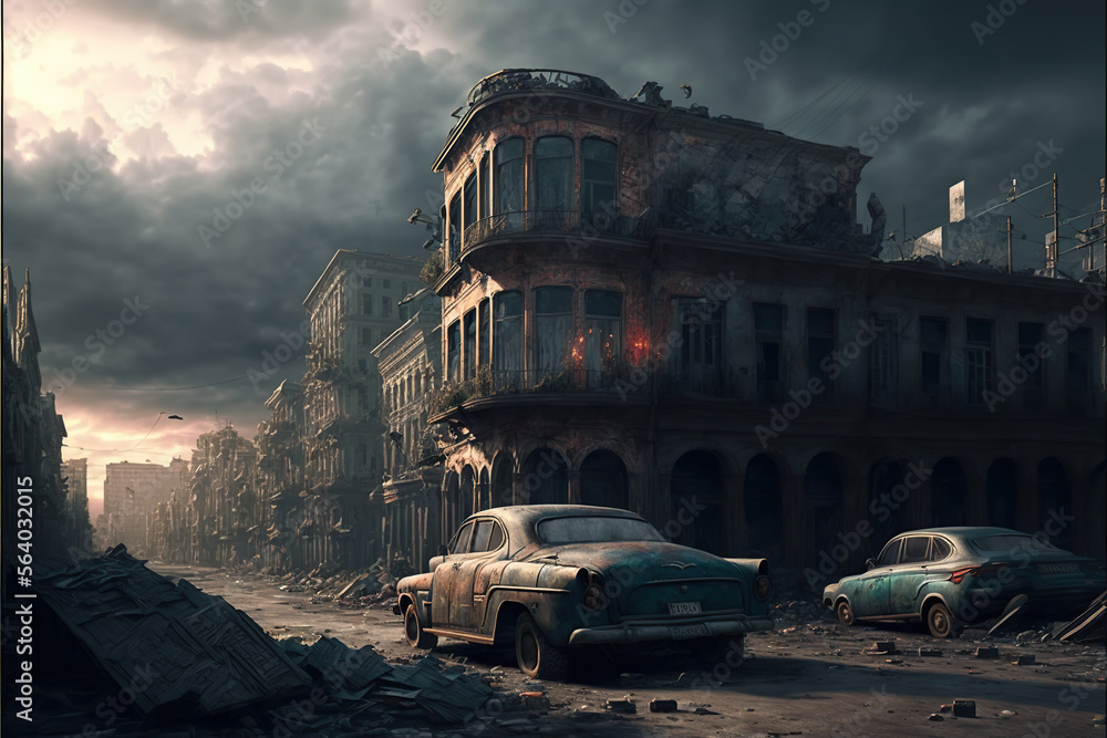 city destroyed by war. Tank, ruins and wreckage Stock Illustration ...