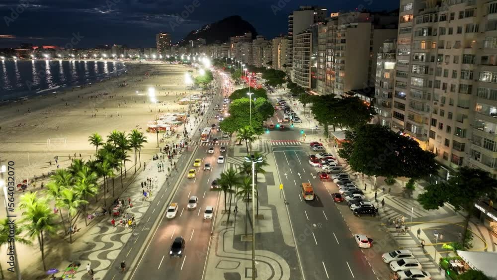 Night Traffic At Copacabana Beach In Rio De Janeiro Brazil. Dark Night ...