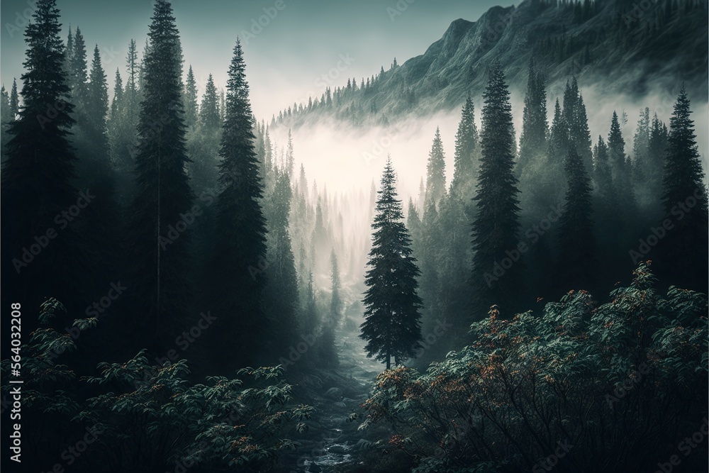 a forest with a stream running through it and fog in the air above the ...