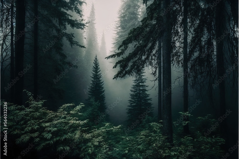 a forest filled with lots of tall trees covered in fog and mist with ...