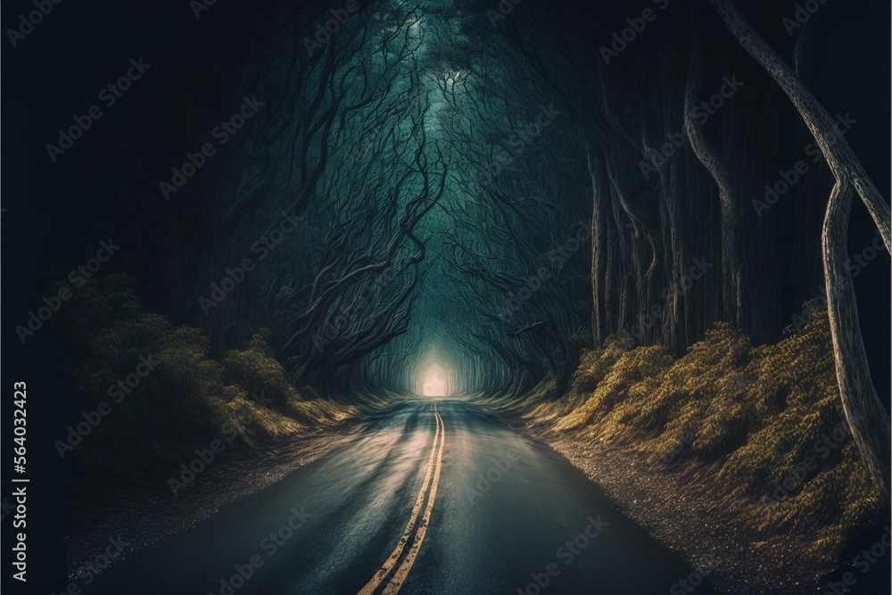 a dark road with a light at the end of it in the middle of the forest ...
