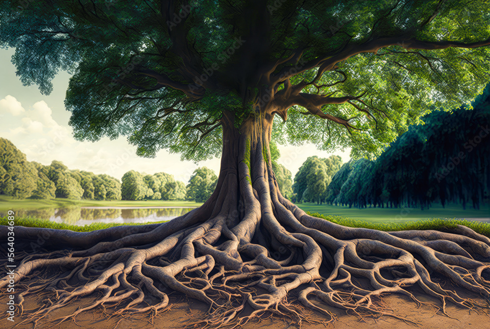 Big tree with roots in soil - Illustration - Generative AI Stock Illustration | Adobe Stock