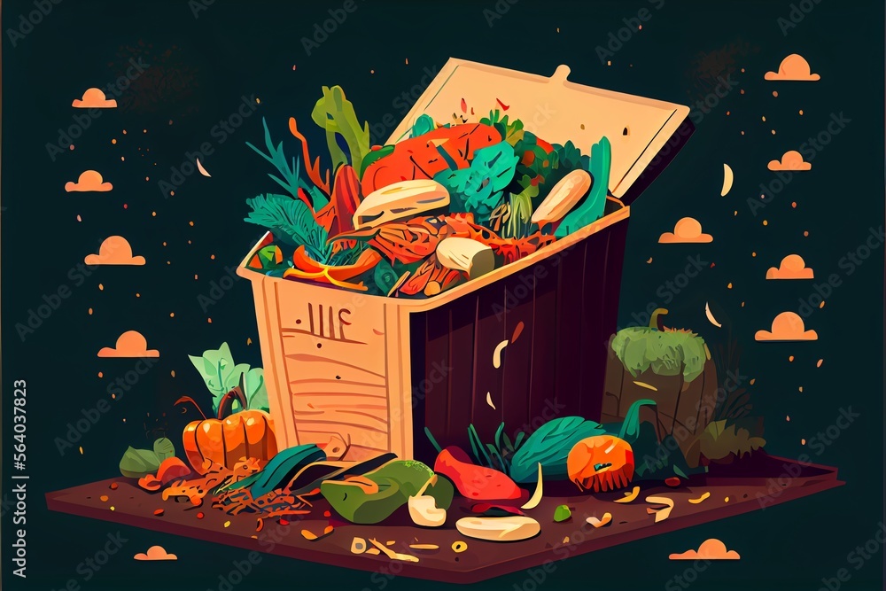 A cartoon illustration of food in perfect state in a dumpster ...