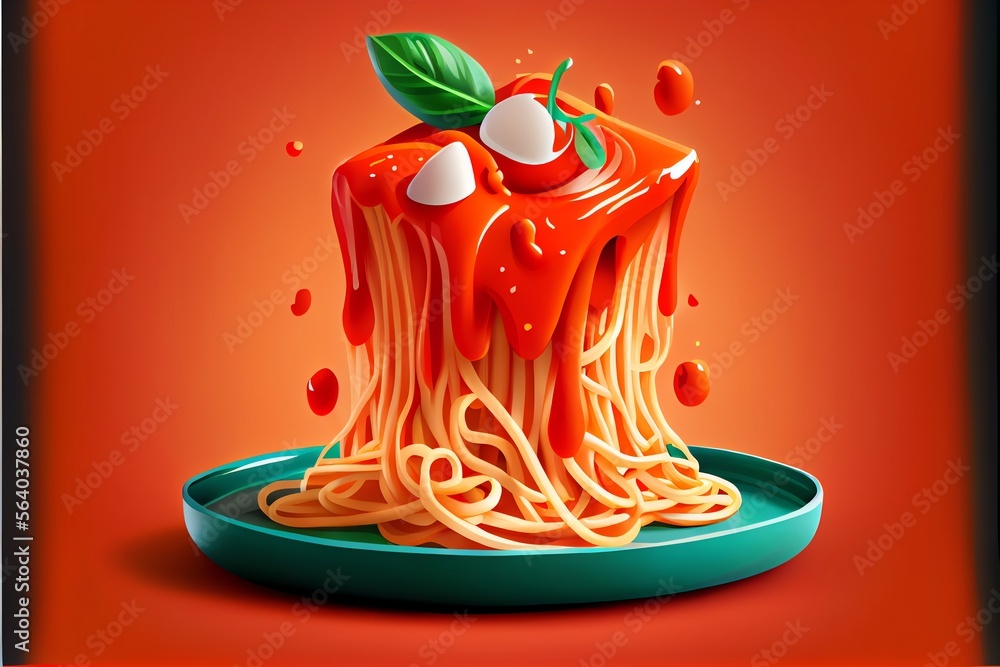 A cartoon illustration of Italian spaghetti with tomato sauce ...