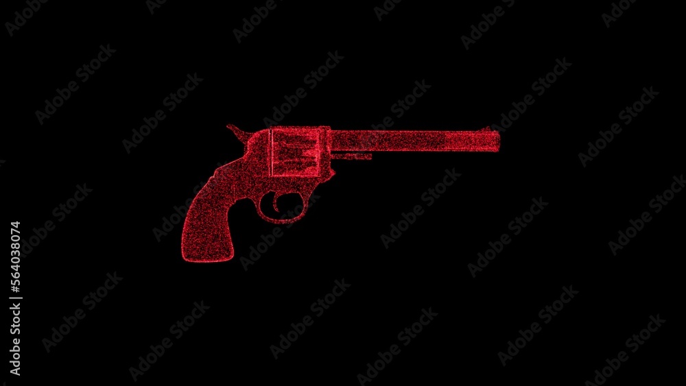 3D red weapon on black background. Object consisting of flickering ...