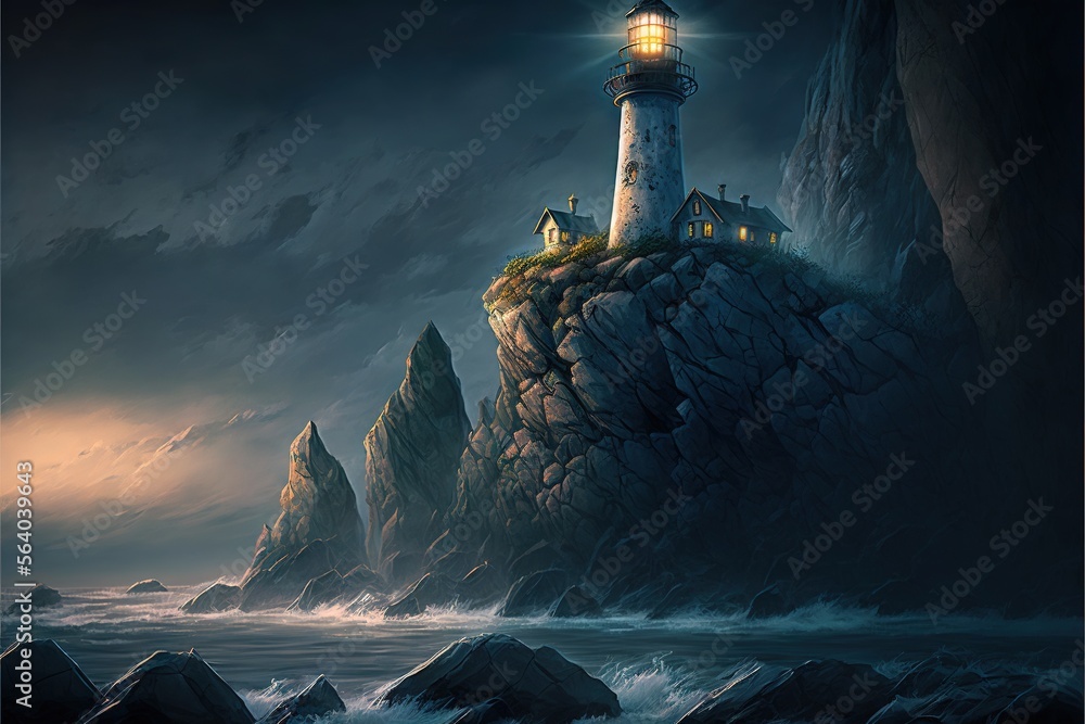 a lighthouse on a rocky cliff with a light house on top of it at night ...