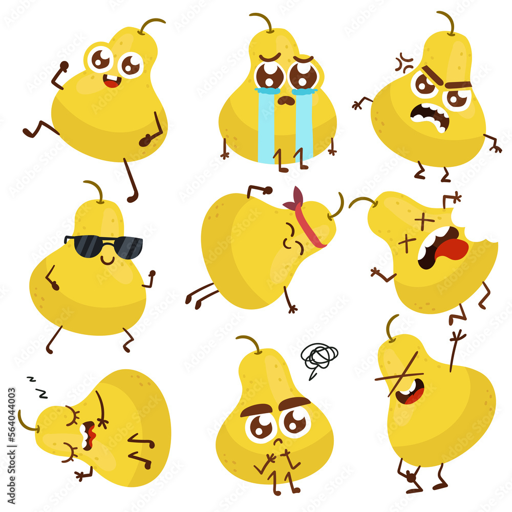 Cute Cartoon Pear character expression stickers on white background ...