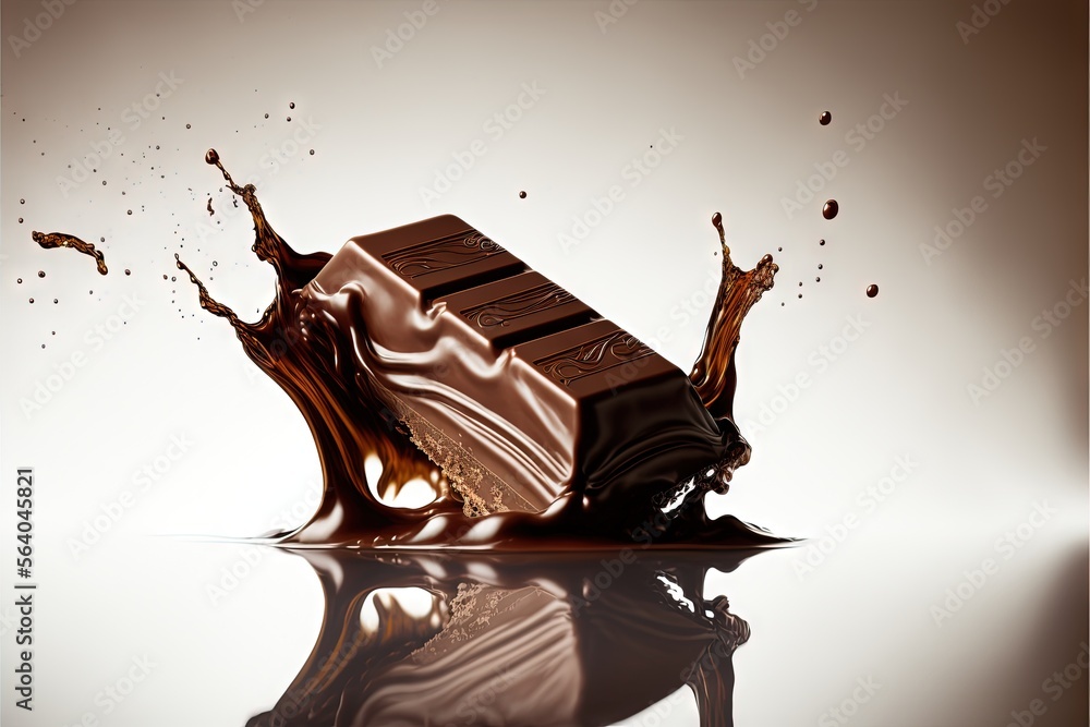 a chocolate bar is falling into a puddle of chocolate syrup on a white ...