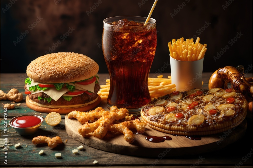 Ready-to-eat takeaway food. Fresh hamburger, fried potatoes and chicken ...