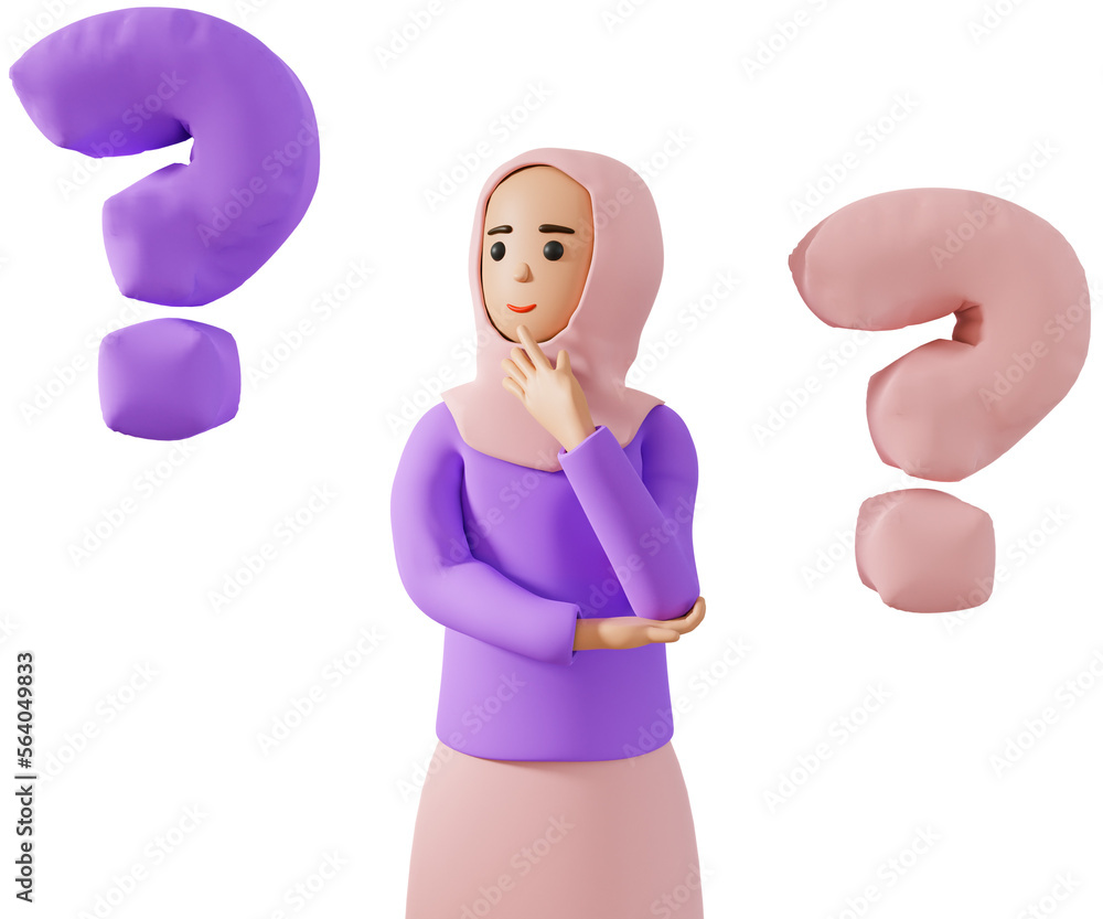 3D illustration of thinking young muslim woman in hijab looking at ...