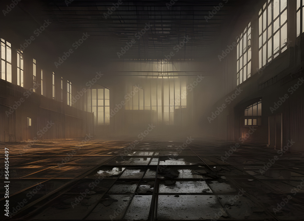 The interior of a dark large derelict deserted old factory with light ...