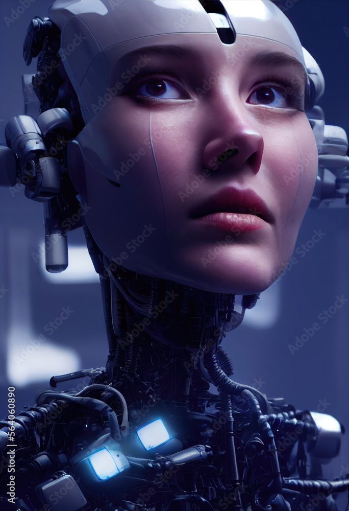 Beautiful young robot cyborg woman. Clean high tech laboratory. Not ...