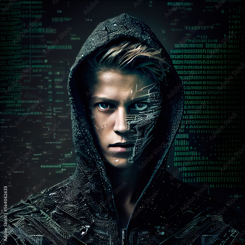 Portrait of a sci-fi cyberpunk hacker. High-tech futuristic man from ...