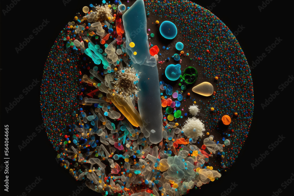 Microplastic under microscope, small bits of coral and plastic ...