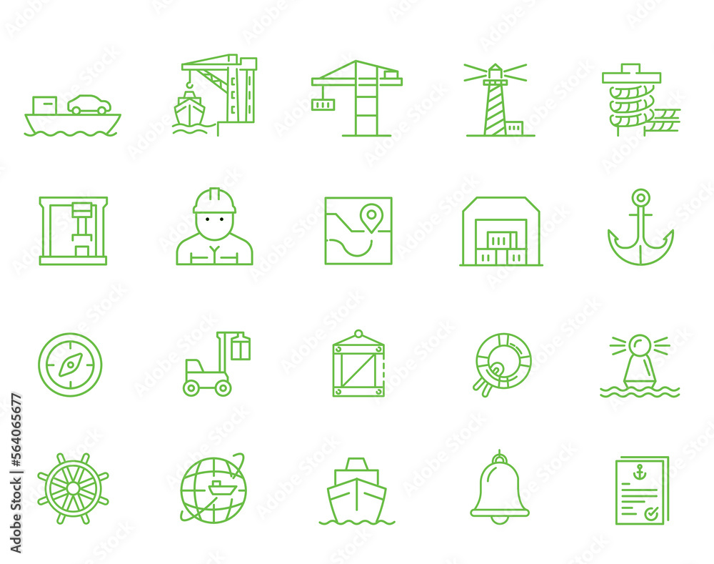 Seaport, icon set. Outline set of marine port vector icons for web ...