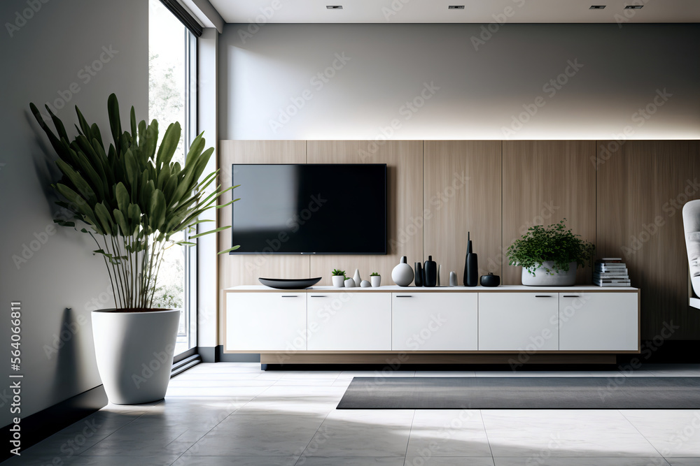 modern living room with a wall of white cabinets and a wall-mounted TV ...