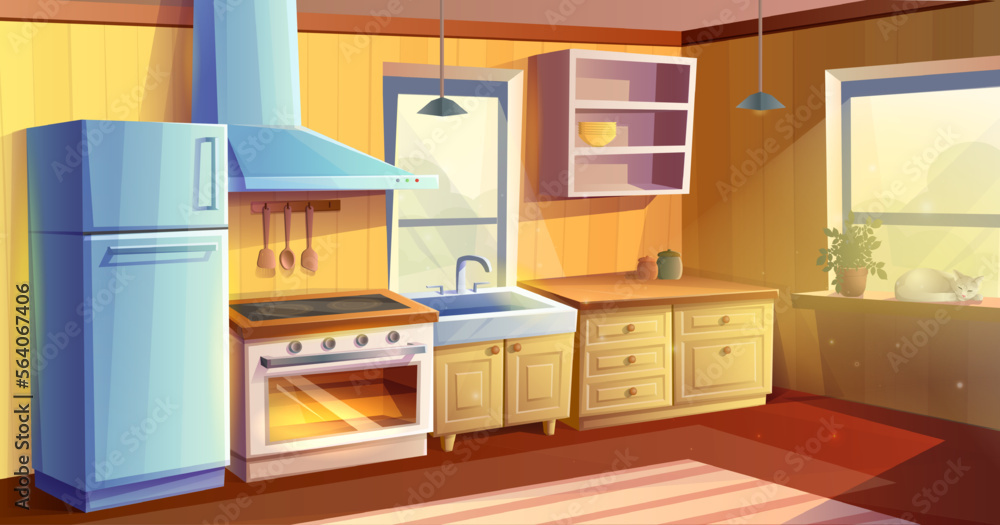 Vector cartoon style illustration of kitchen room. Dining room. Fridge ...