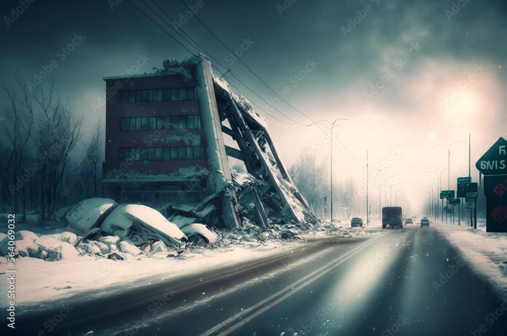 Concept natural disasters with big snow in mountain. Consequences after ...